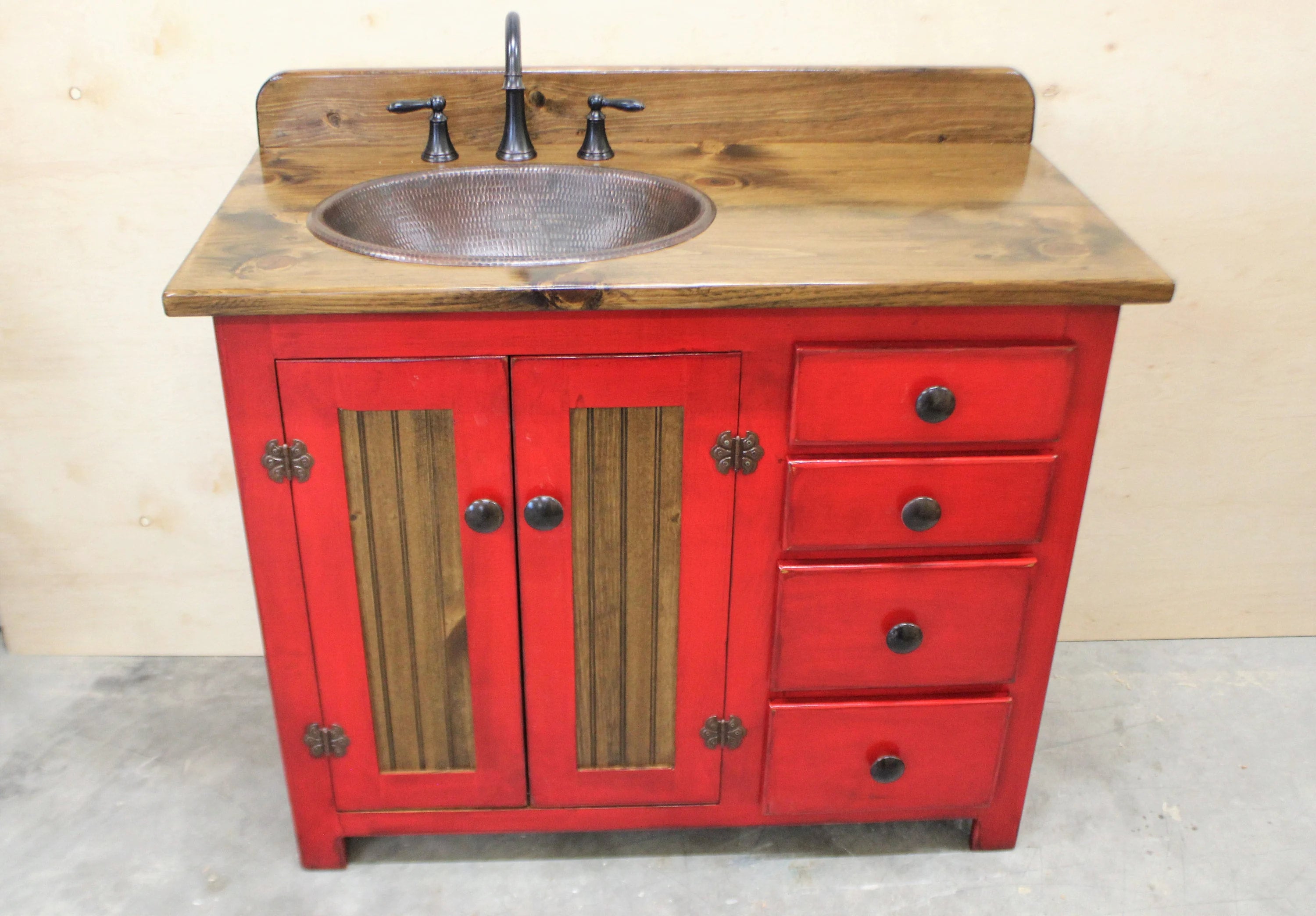 Rustic Farmhouse Vanity - Copper Sink - 42" - Barn Red - Bathroom ...
