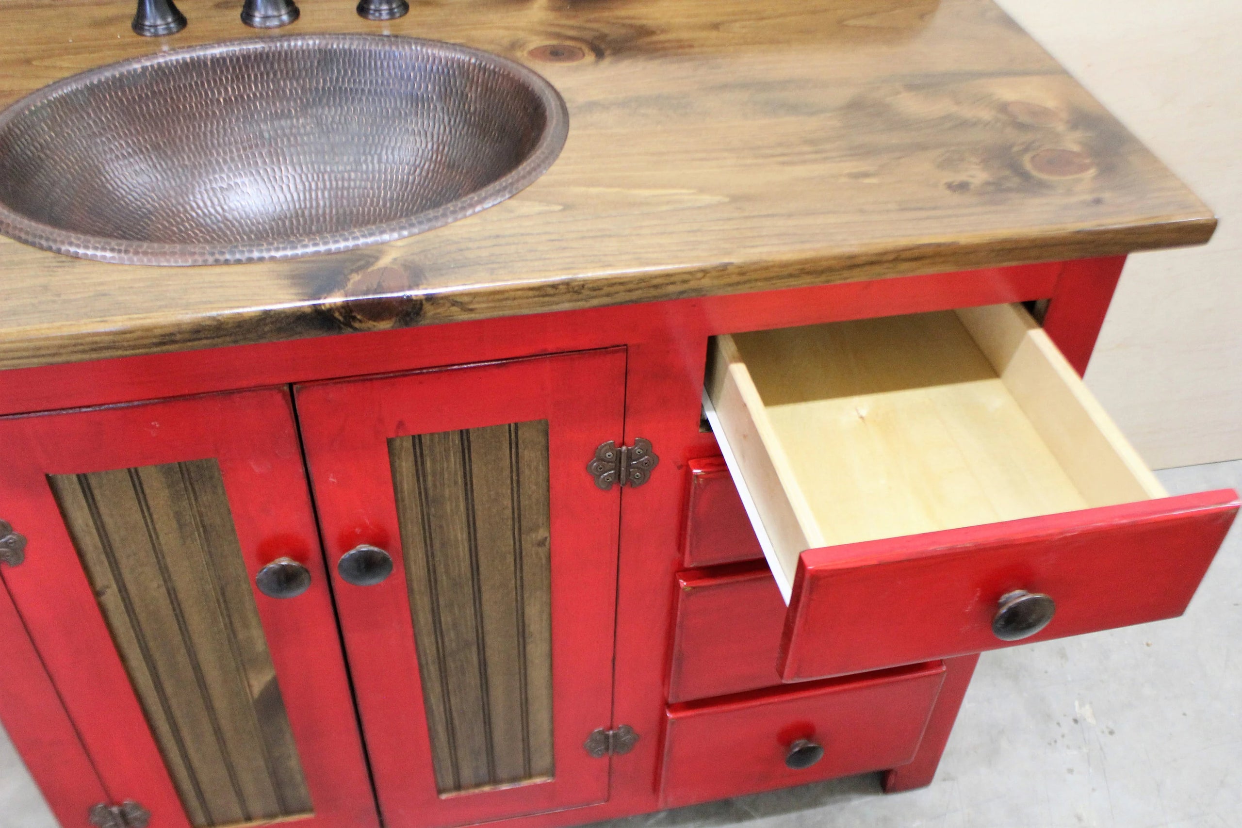 Rustic Farmhouse Vanity - Copper Sink - 42" - Barn Red - Bathroom ...